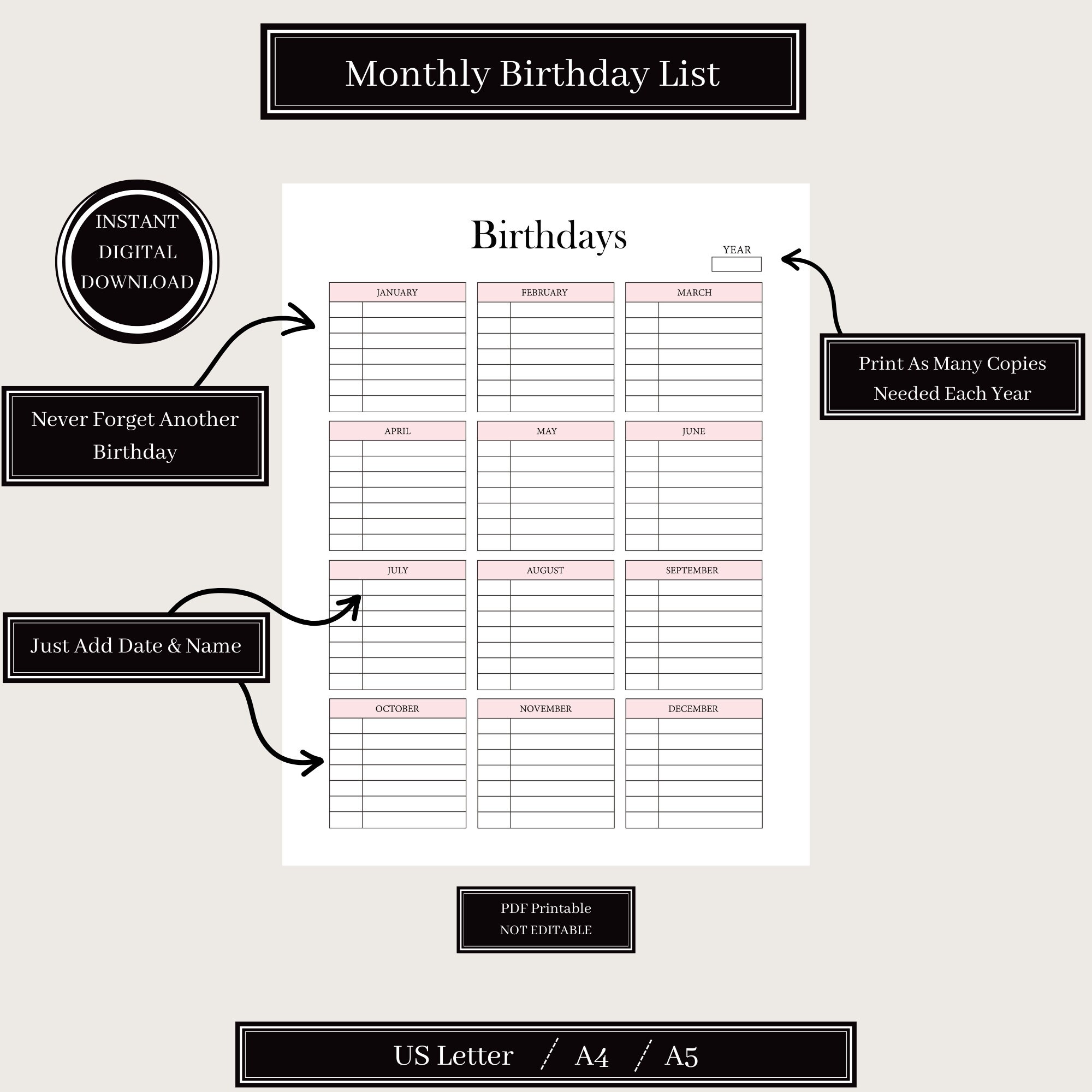 Birthday Tracker, Printable Monthly Birthday List Planner, Monthly ...