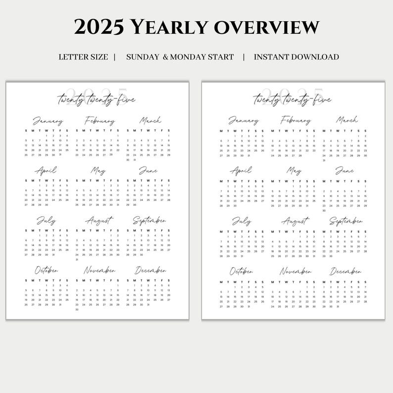 2025 Yearly Calendar, Printable Year at A Glance, Sunday Monday Start ...