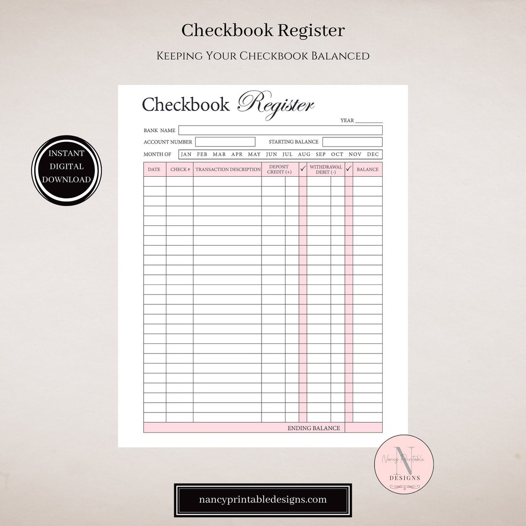 Printable Checkbook Register Template Sheet Digital Check - Etsy