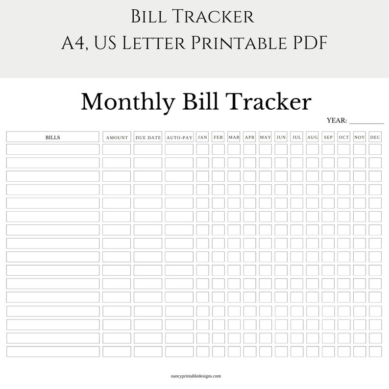 Monthly Bill Tracker, Spending Tracker, Payment Tracker, Printable ...