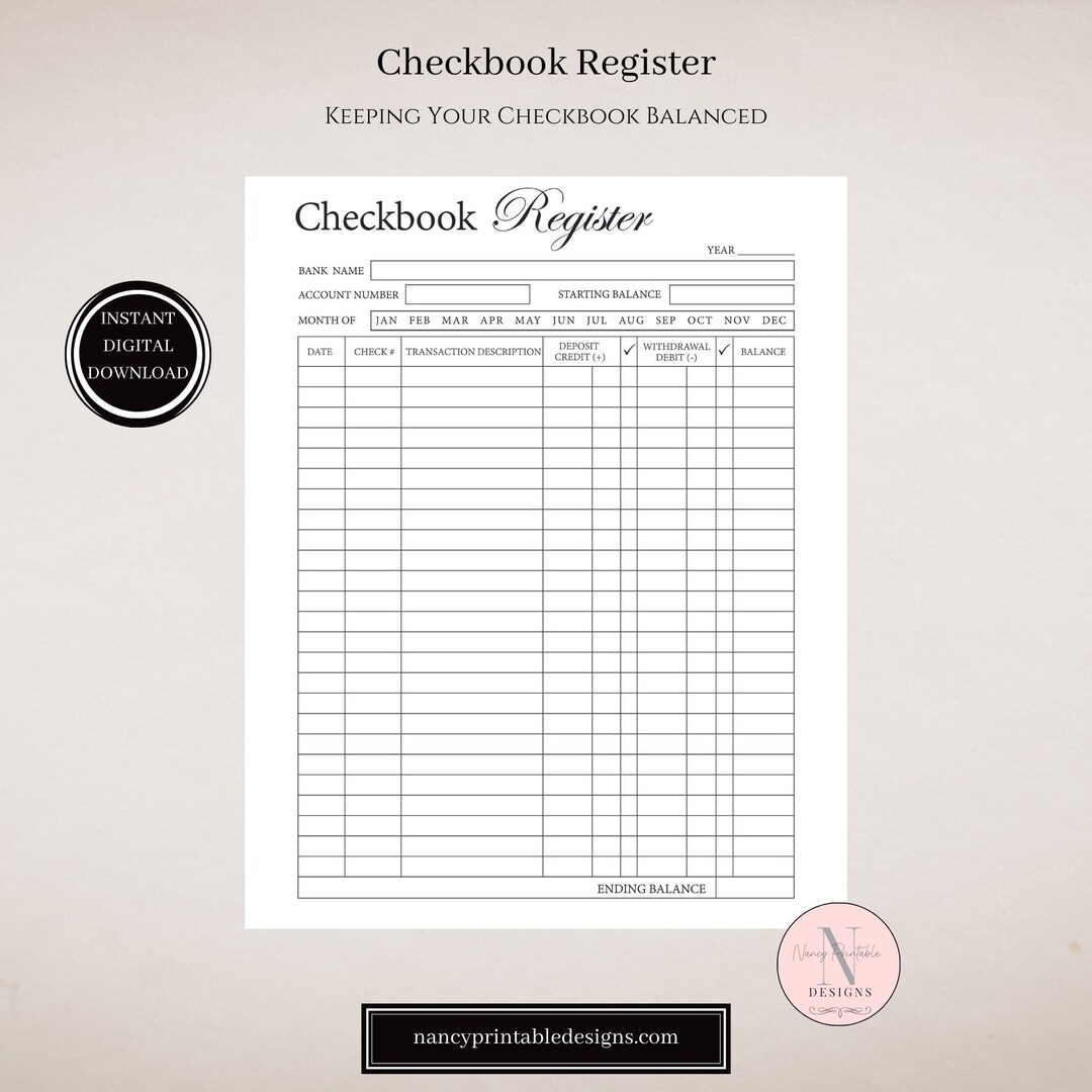 Printable Checkbook Register Template Sheet Digital Check - Etsy