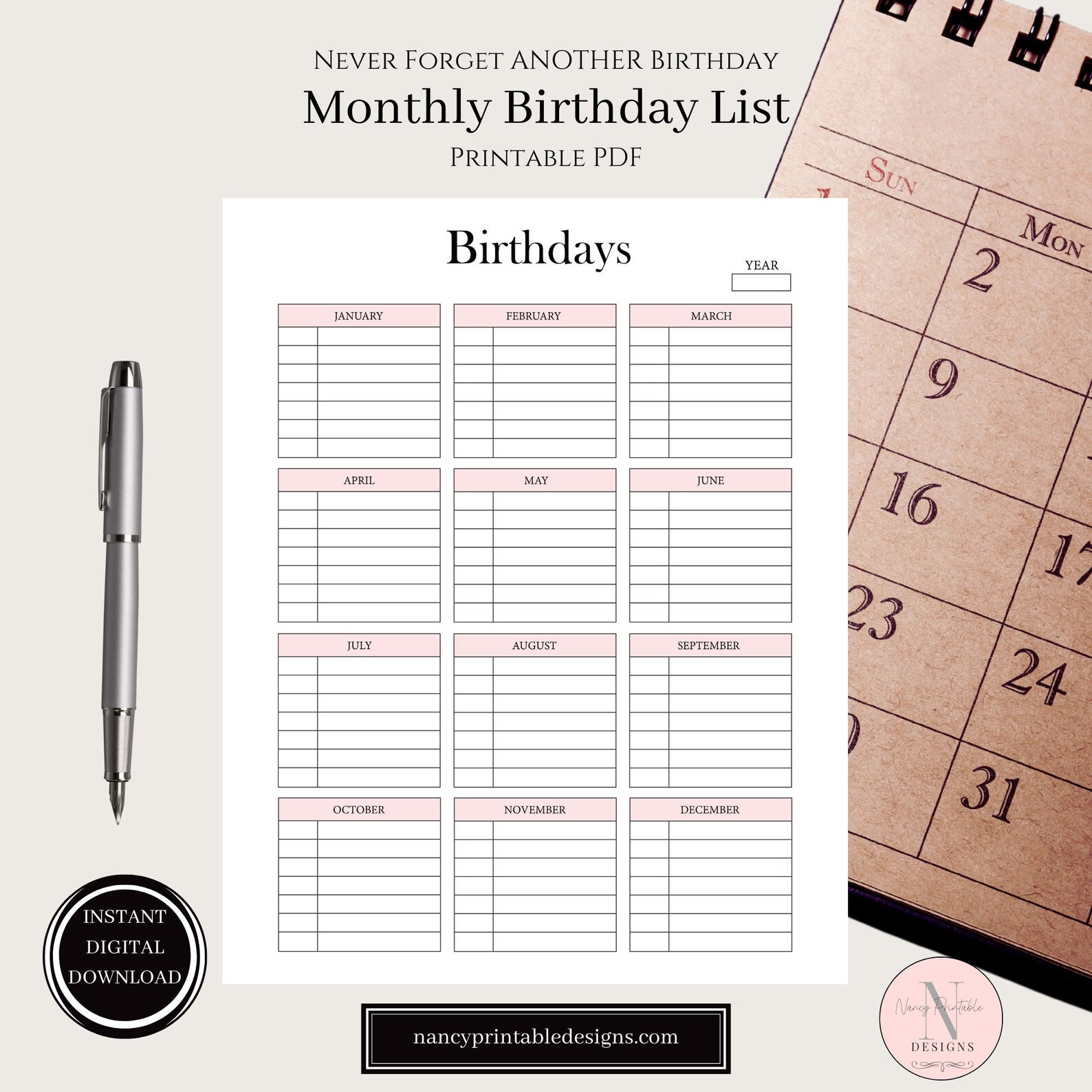 Birthday Tracker, Printable Monthly Birthday List Planner, Monthly ...
