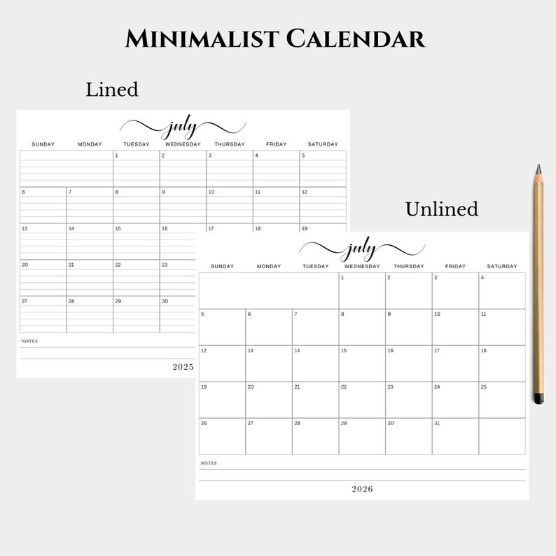 2025 2026 Calendar Lined and Unlined Sunday Start Landscape Layout, Jan ...