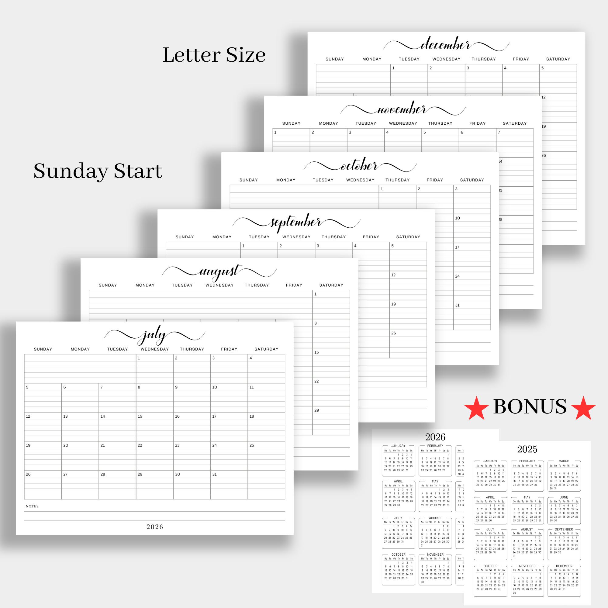 2025 2026 Calendar Lined and Unlined Sunday Start Landscape Layout, Jan ...