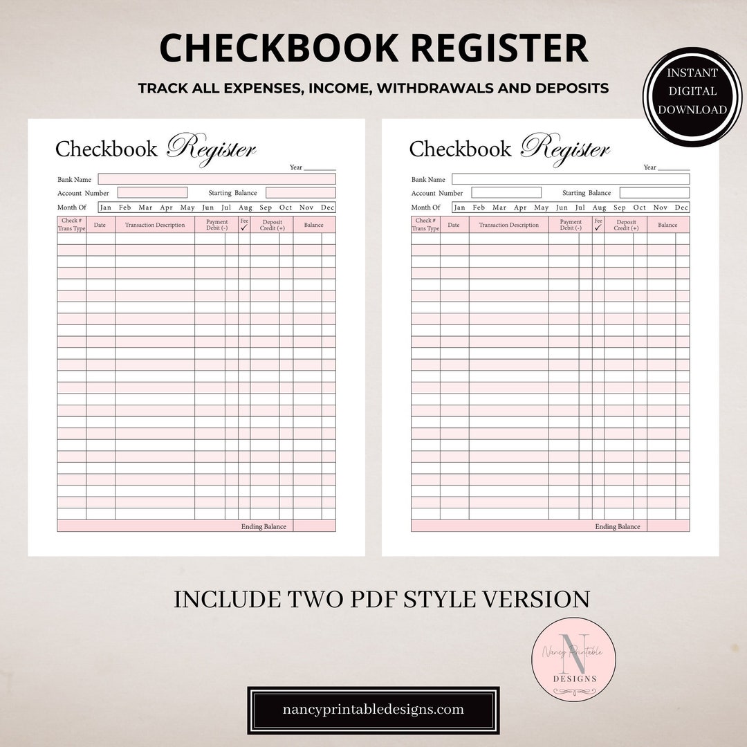 Printable Checkbook Register Template, Finance Log, Expense Tracker ...