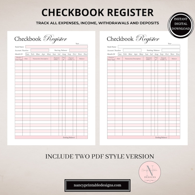 Printable Checkbook Register Template, Finance Log, Expense Tracker ...