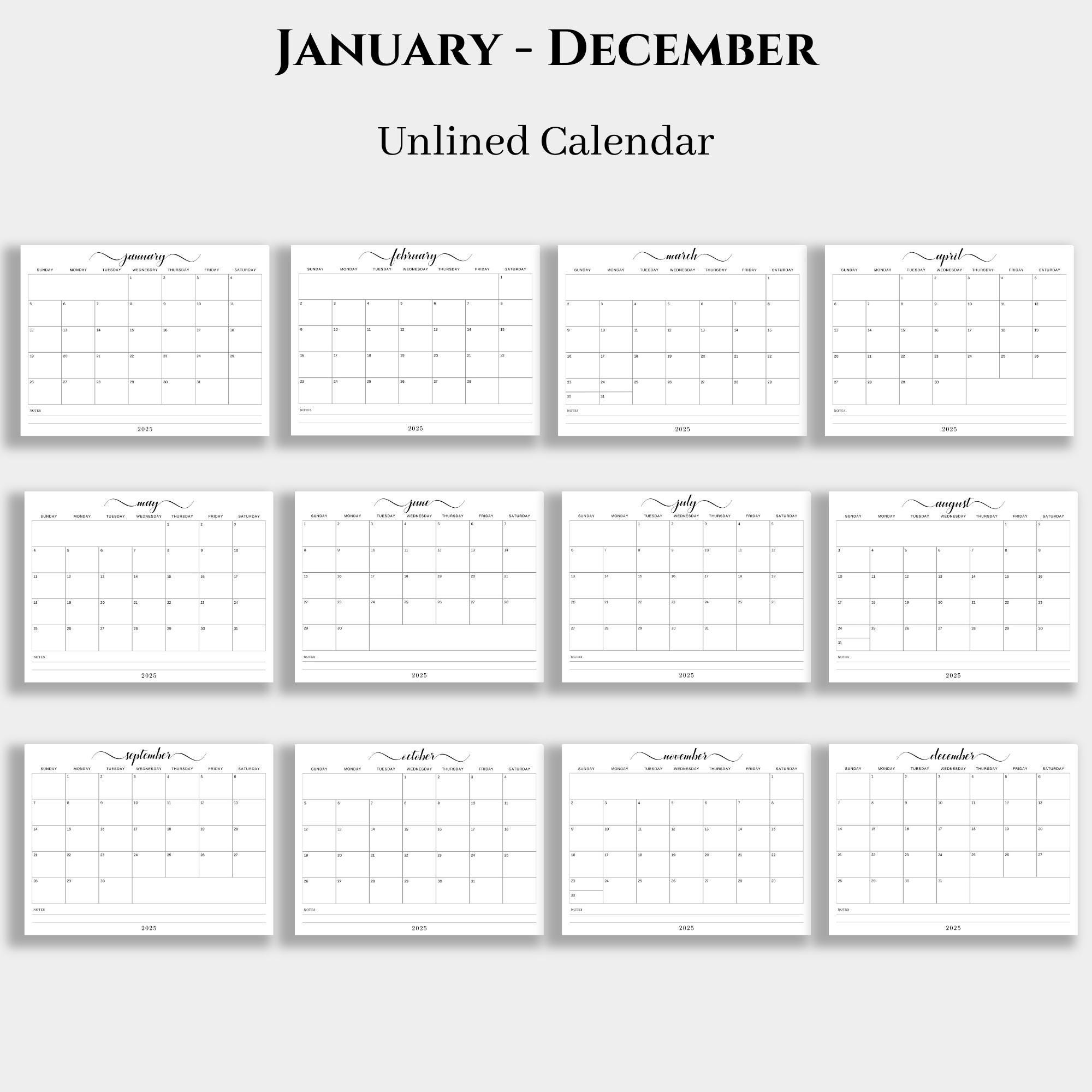 2025 2026 Calendar Lined and Unlined Sunday Start Landscape Layout, Jan ...