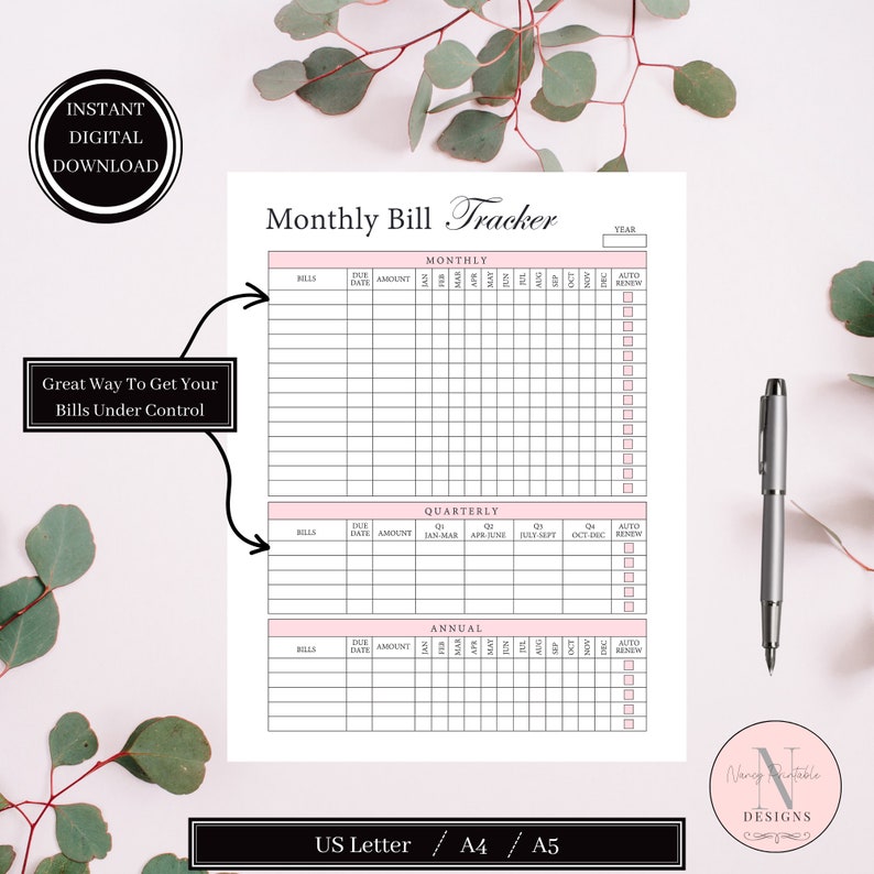 Monthly Bill Tracker, Printable Template, Finance Budget Payment ...