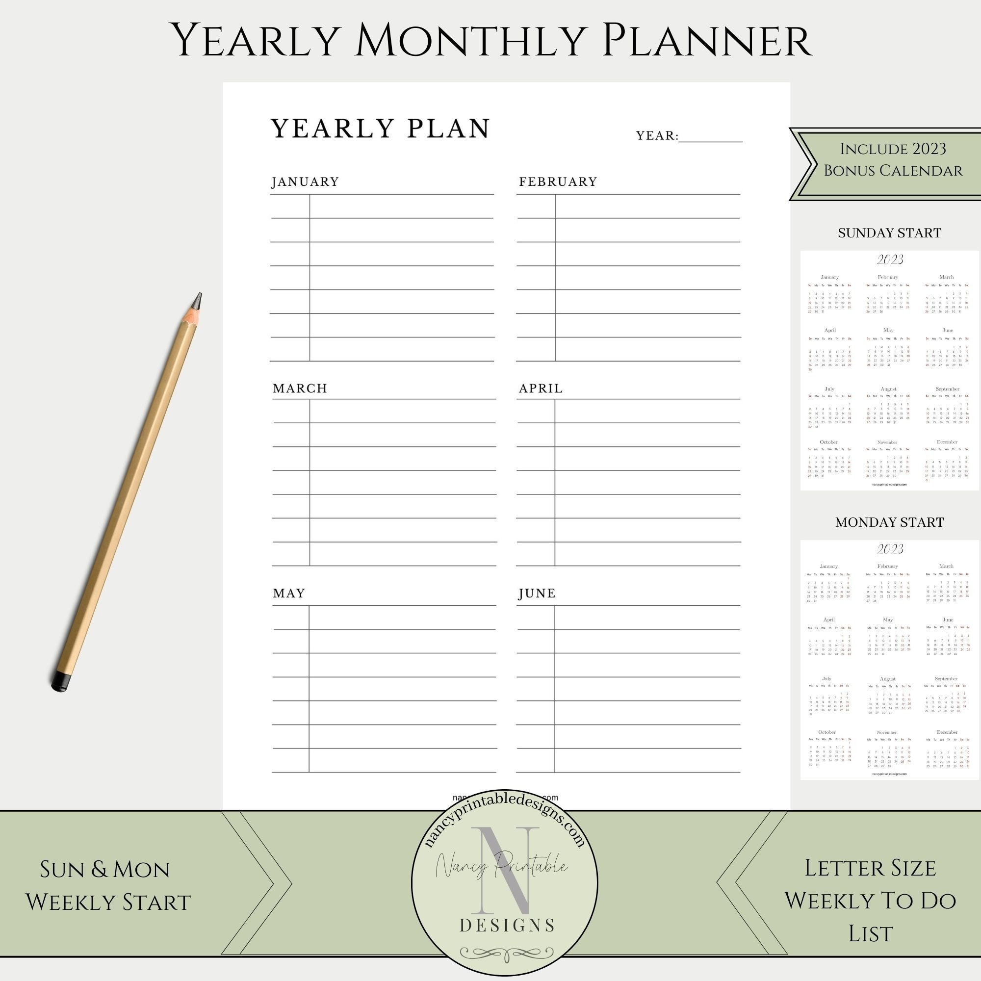 2023 Year Calendar Undated Planner, 12 Month Calendar, Year at a Glance ...