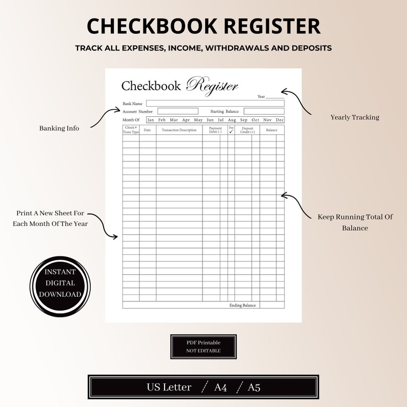 Printable Checkbook Register Template, Finance Log, Expense Tracker ...