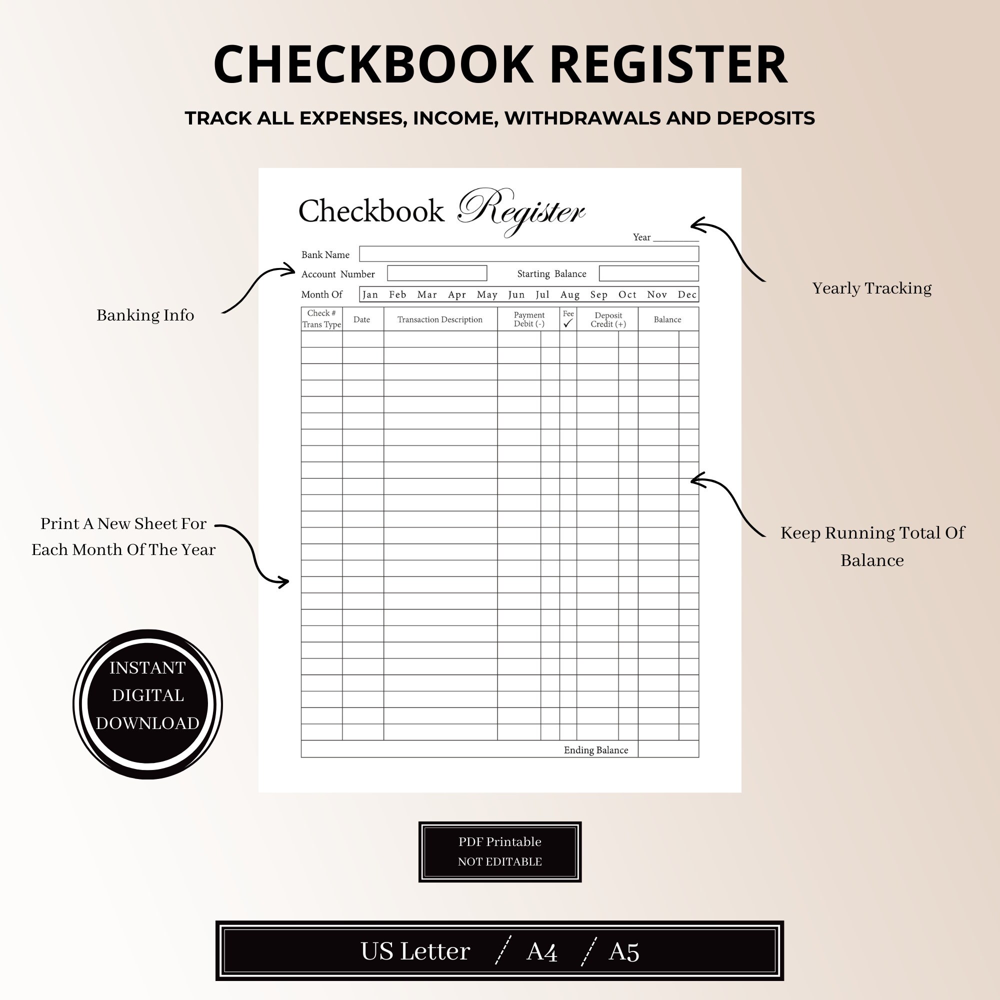 Printable Checkbook Register Template, Finance Log, Expense Tracker ...