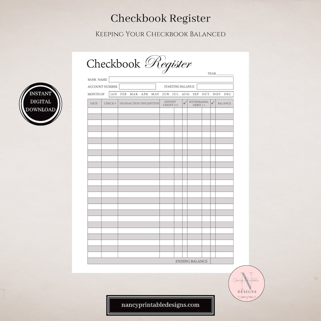 Printable Checkbook Register Template Sheet Digital Check - Etsy