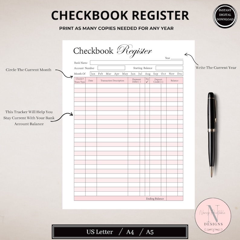 Printable Checkbook Register Template, Finance Log, Expense Tracker ...