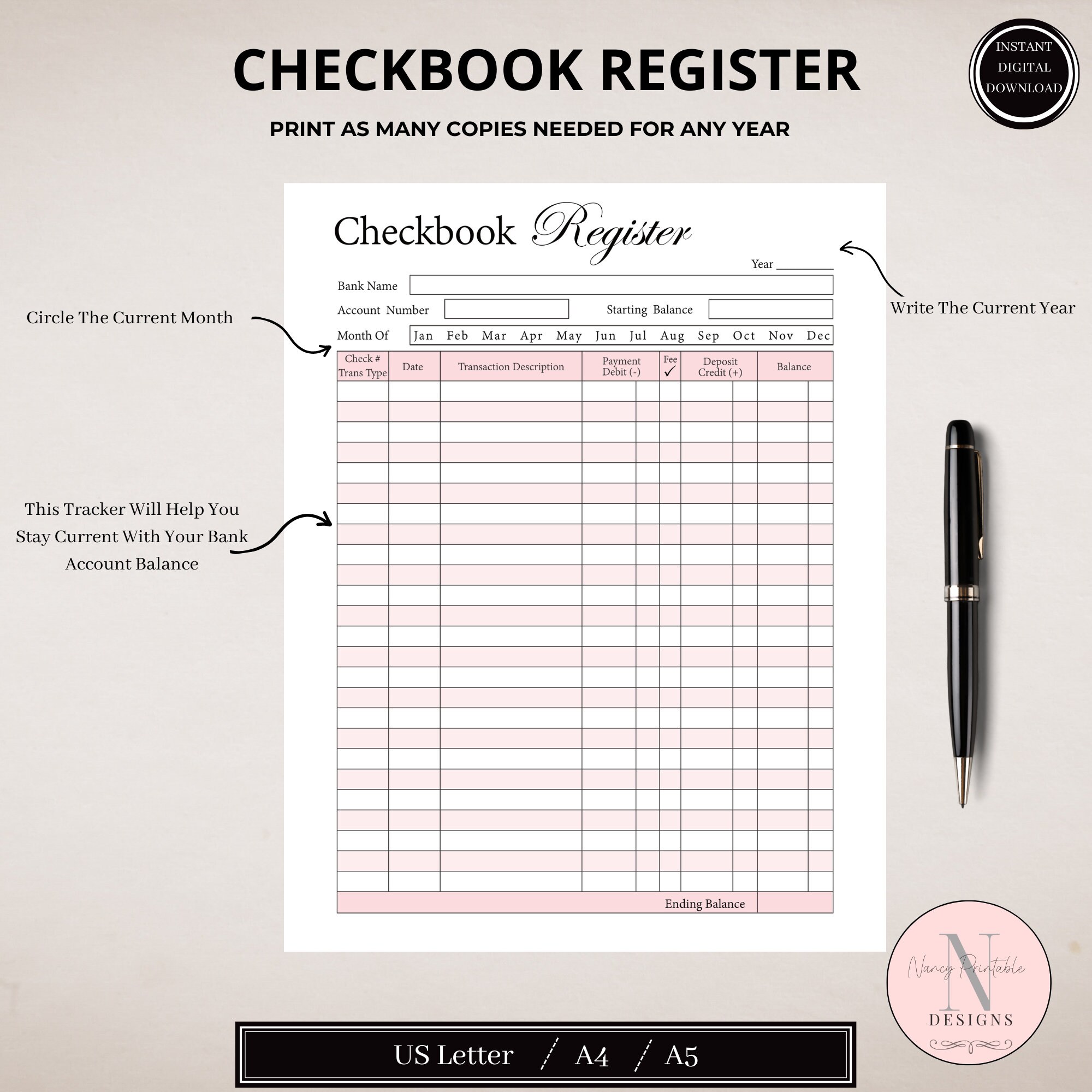 Printable Checkbook Register Template, Finance Log, Expense Tracker ...