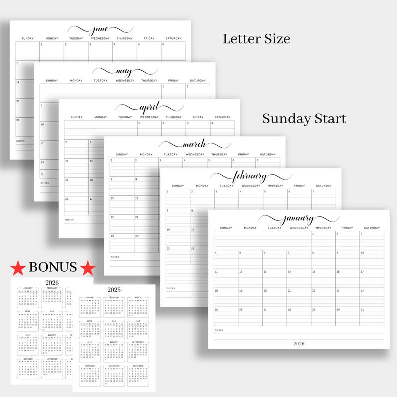 2025 2026 Calendar Lined and Unlined Sunday Start Landscape Layout, Jan ...