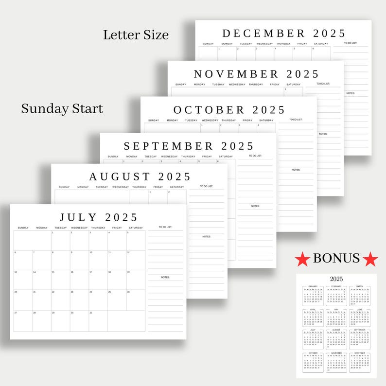2025 Calendar With to Do List and Notes, Monthly Letter Size PDF ...