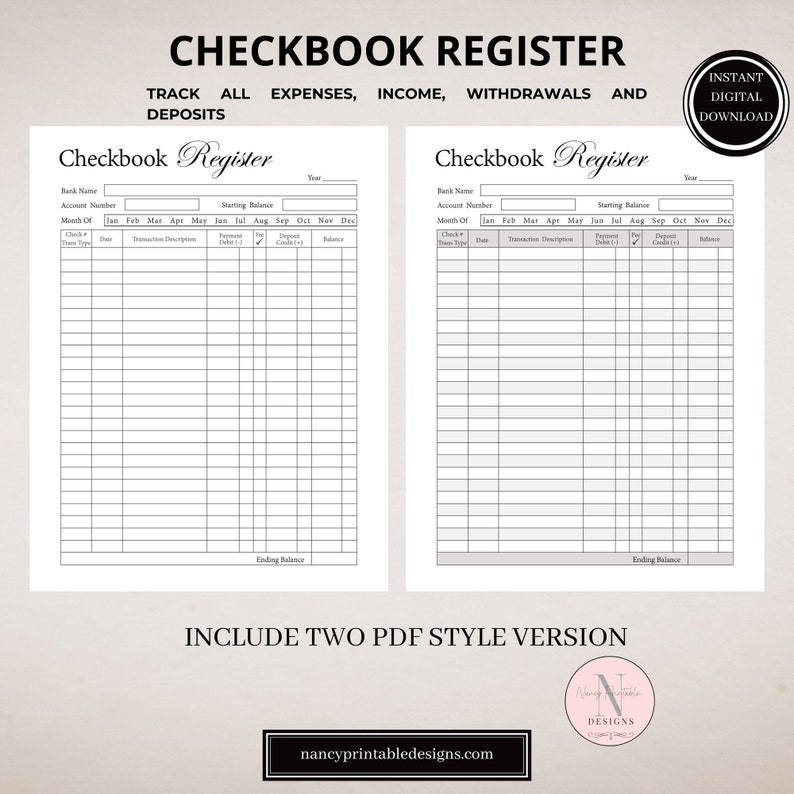 Printable Checkbook Register Template, Finance Log, Expense Tracker ...