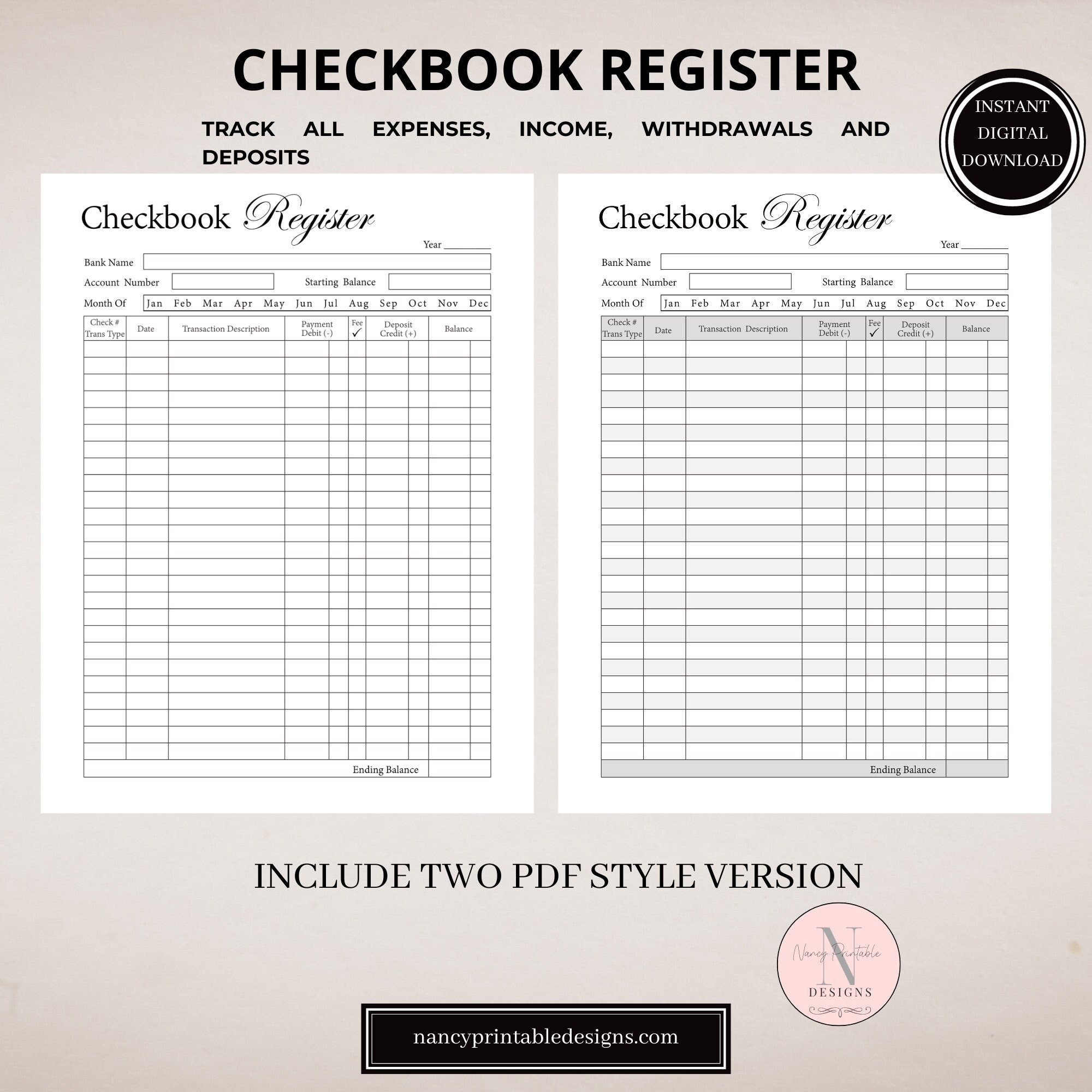 Printable Checkbook Register Template, Finance Log, Expense Tracker ...