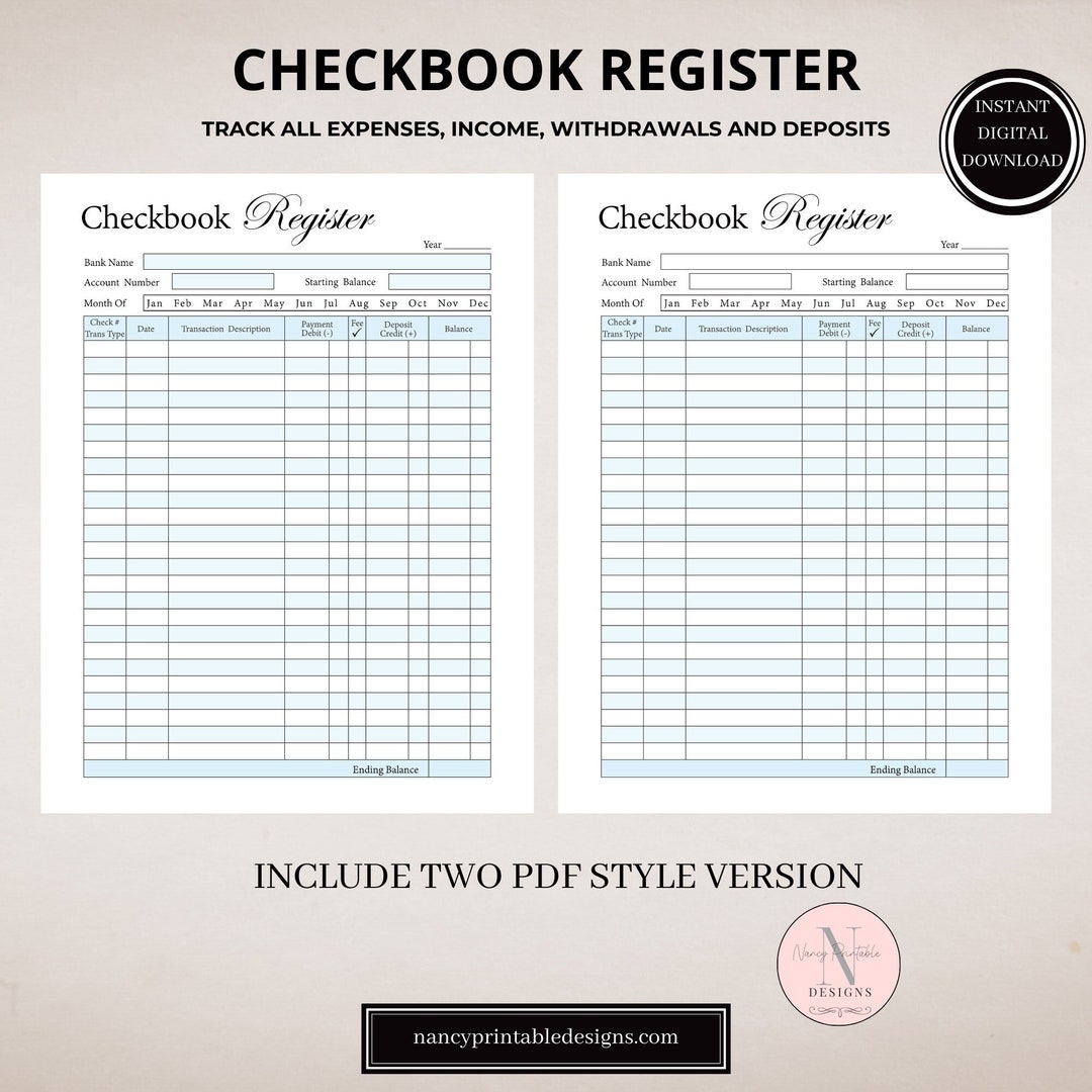 Printable Checkbook Register Template, Finance Log, Expense Tracker ...