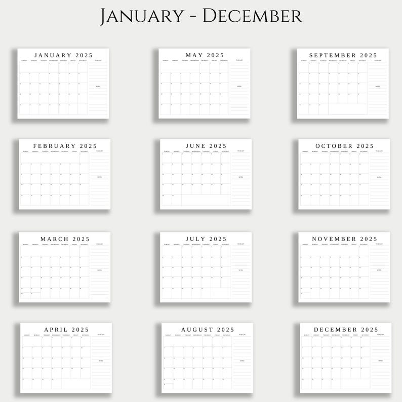 2025 Calendar With to Do List and Notes, Monthly Letter Size PDF ...