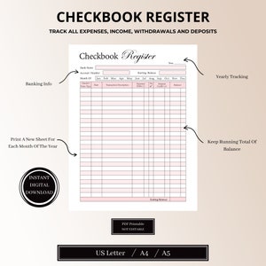 Printable Checkbook Register Template, Finance Log, Expense Tracker ...