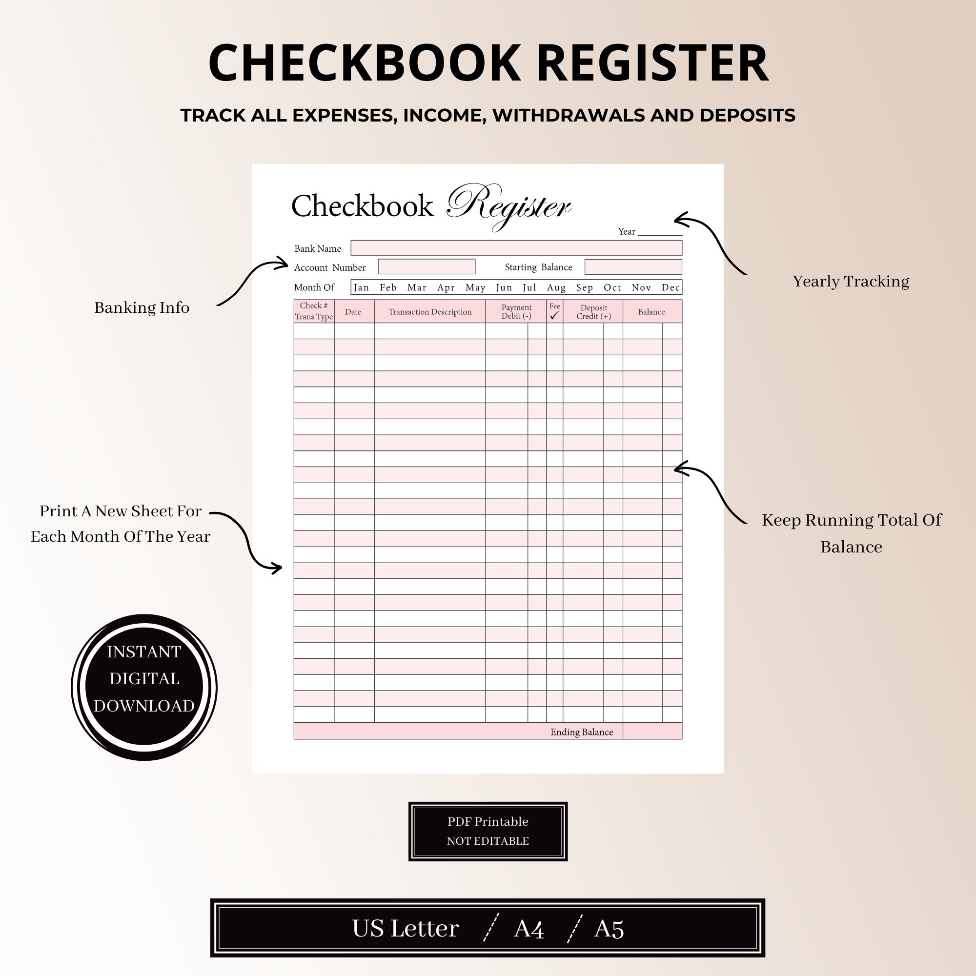 Printable Checkbook Register Template, Finance Log, Expense Tracker ...