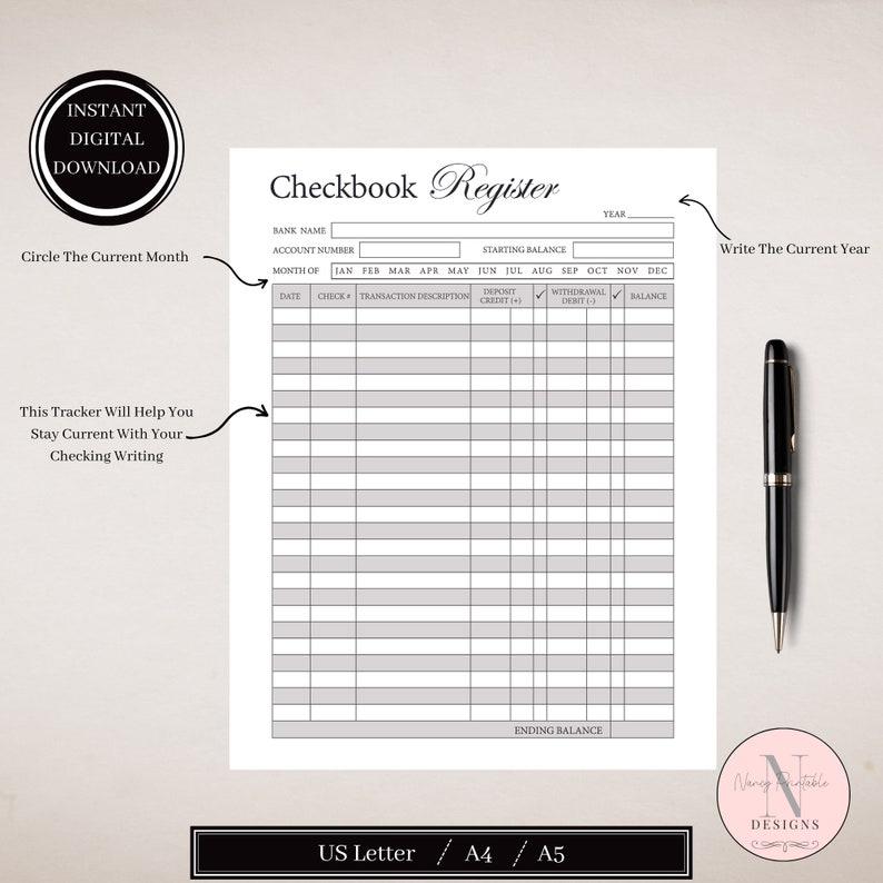 Printable Checkbook Register Template Sheet Digital Check - Etsy