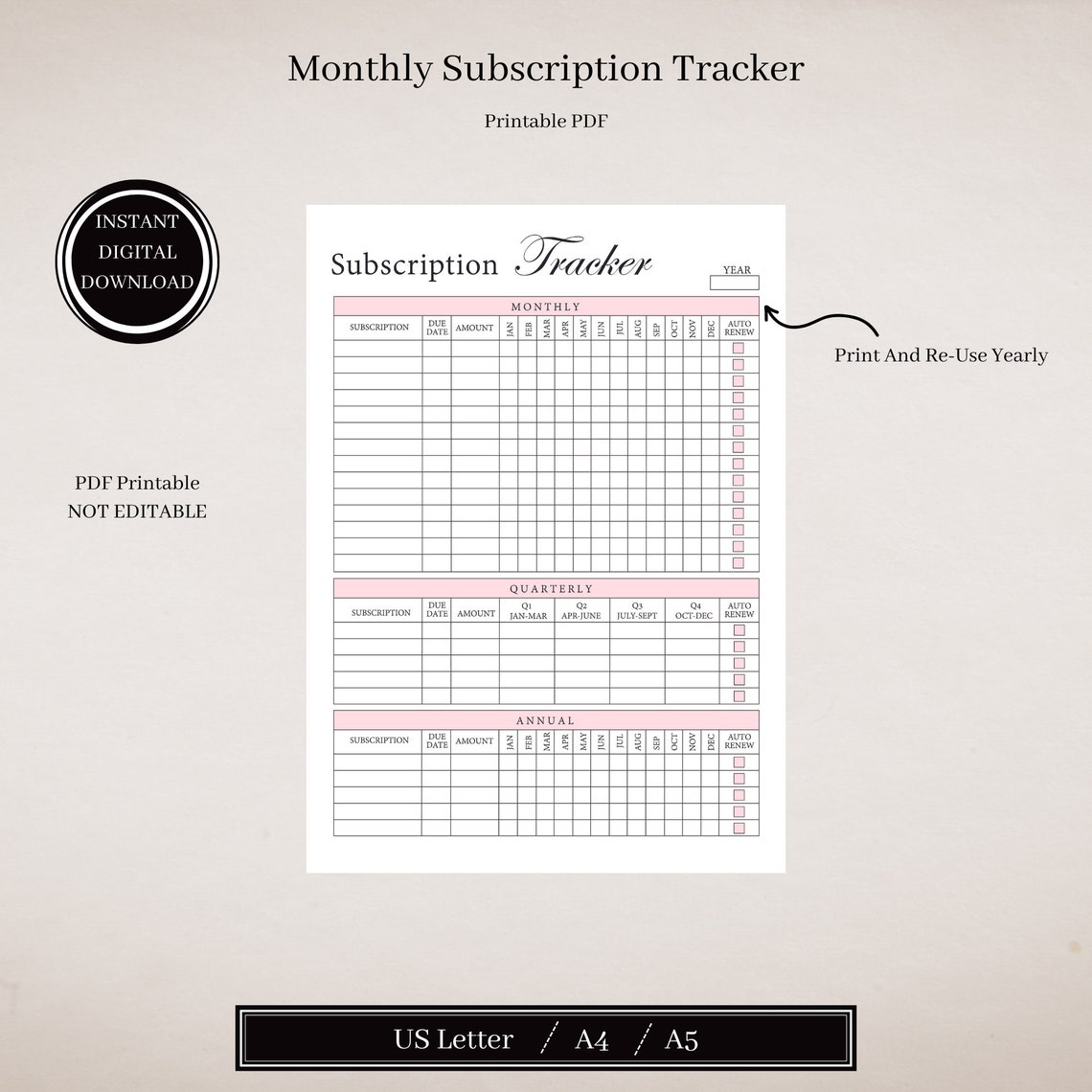 Monthly Subscription Tracker, Printable Budget Tracker, Spending ...