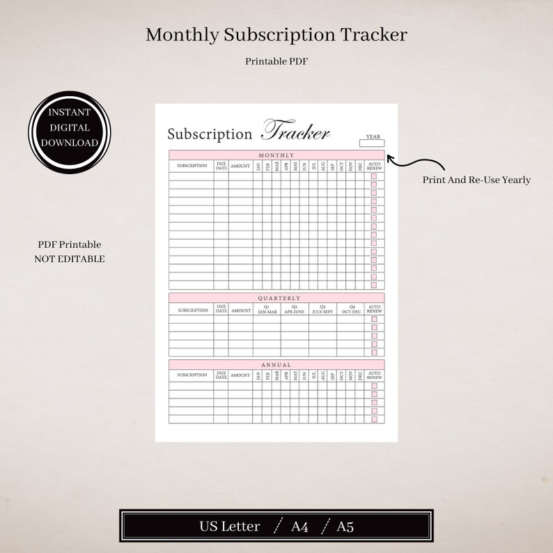 Monthly Subscription Tracker, Printable Budget Tracker, Spending ...