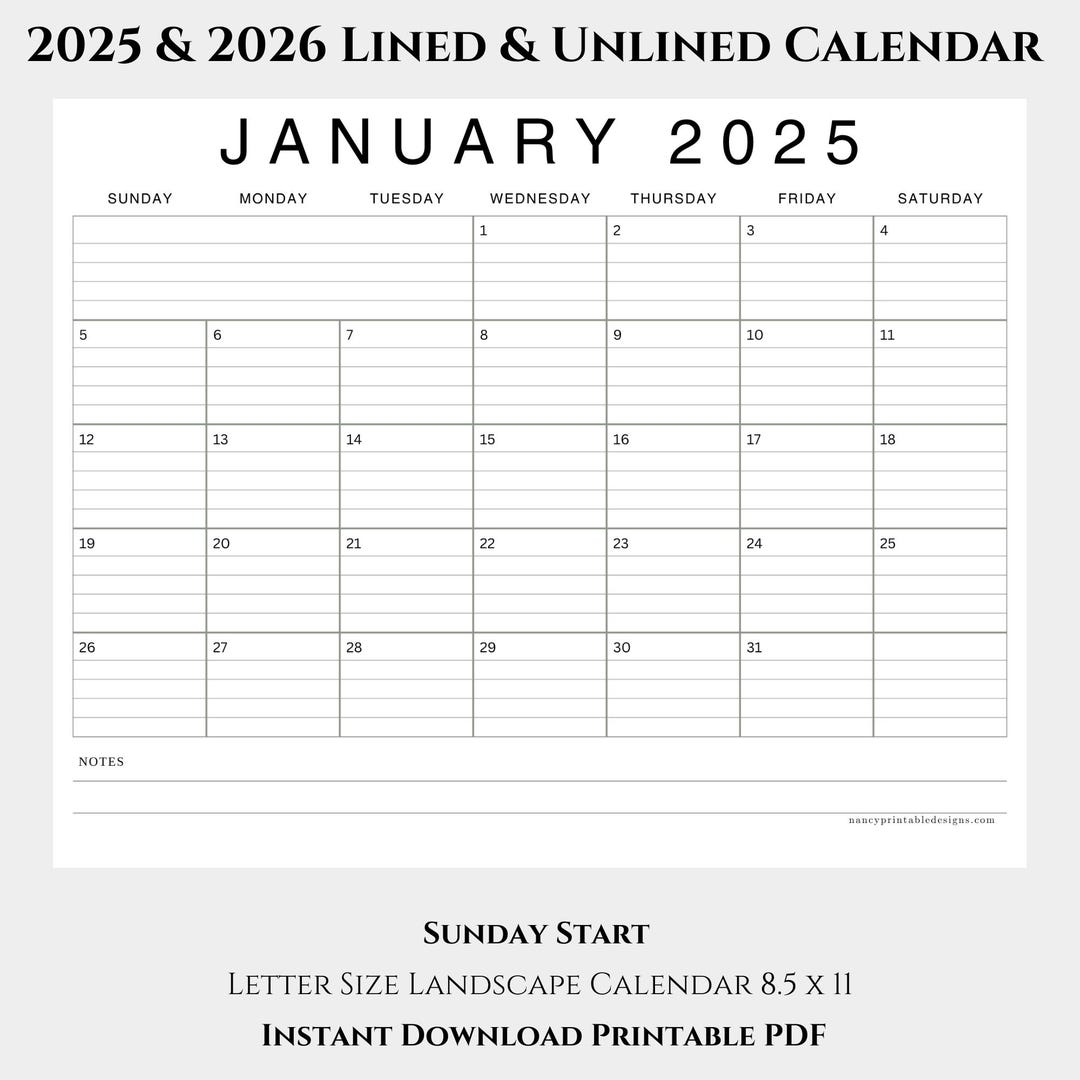 2025 2026 Calendar Lined and Unlined, Jan-dec Notes, Monthly Letter ...