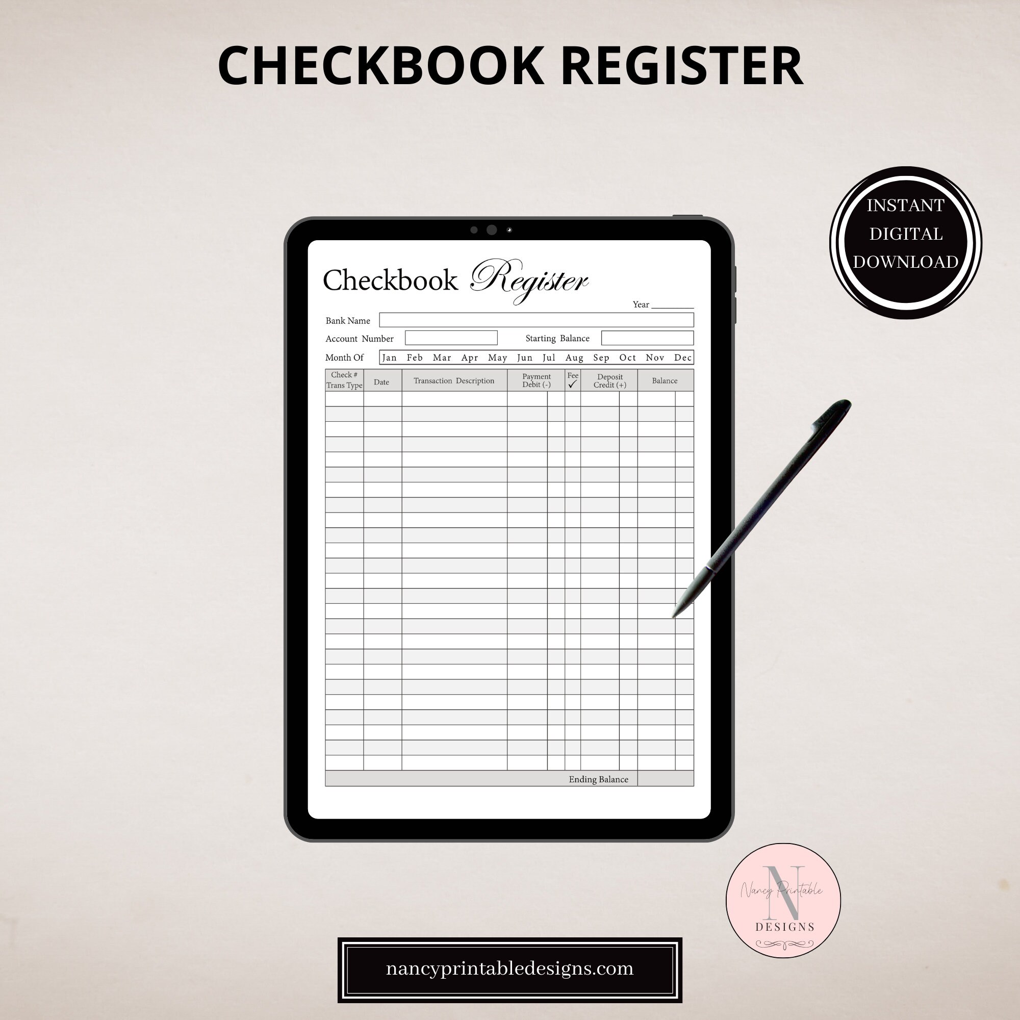 Printable Checkbook Register Template, Finance Log, Expense Tracker ...