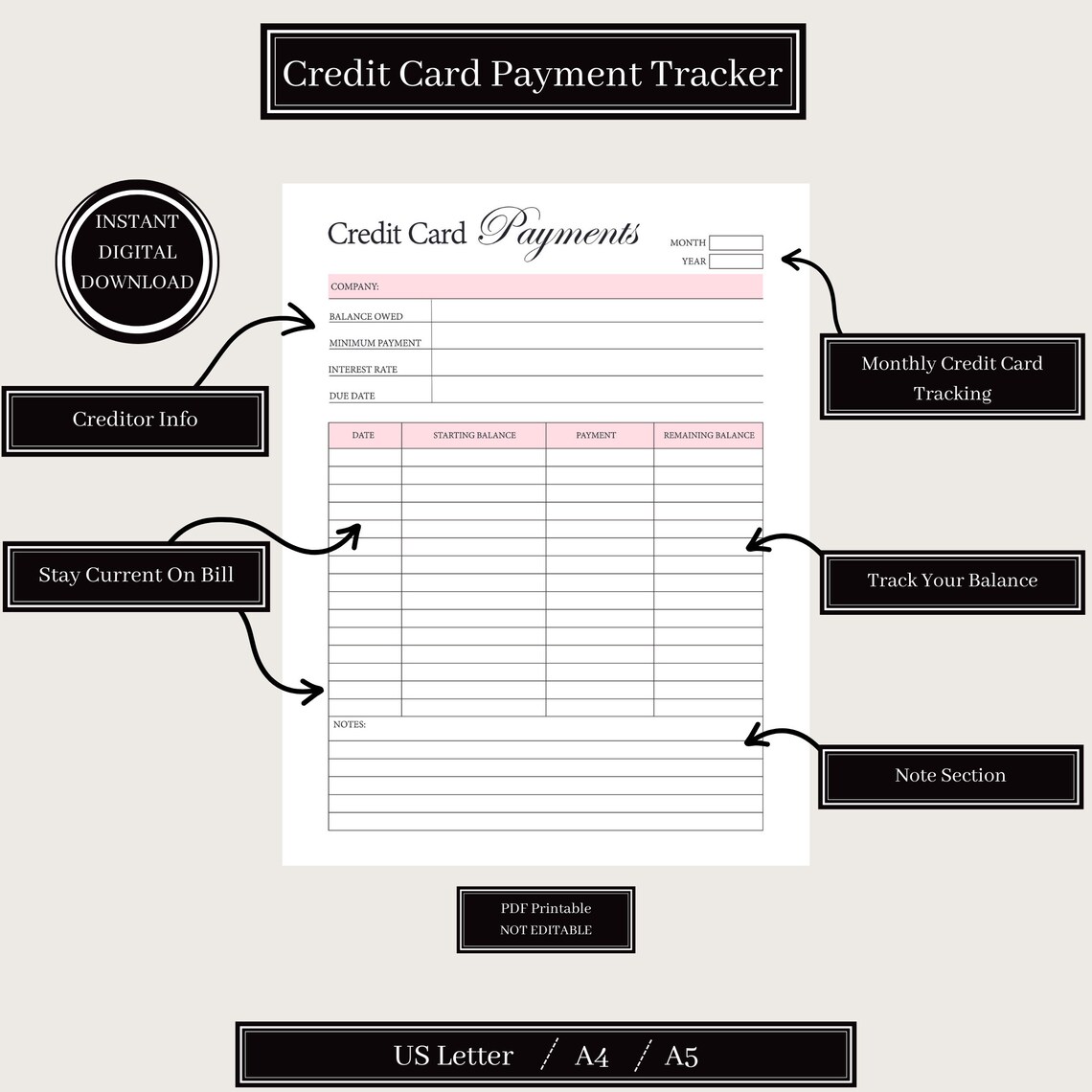 Credit Card Payment Tracker, Printable Payment Payoff Expense Planner ...