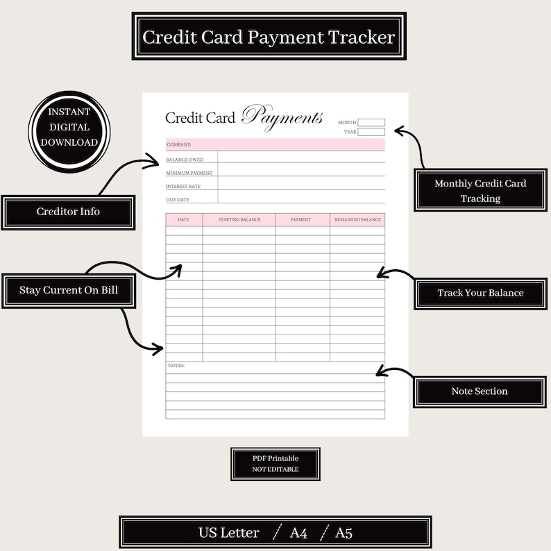 Credit Card Payment Tracker, Printable Payment Payoff Expense Planner ...