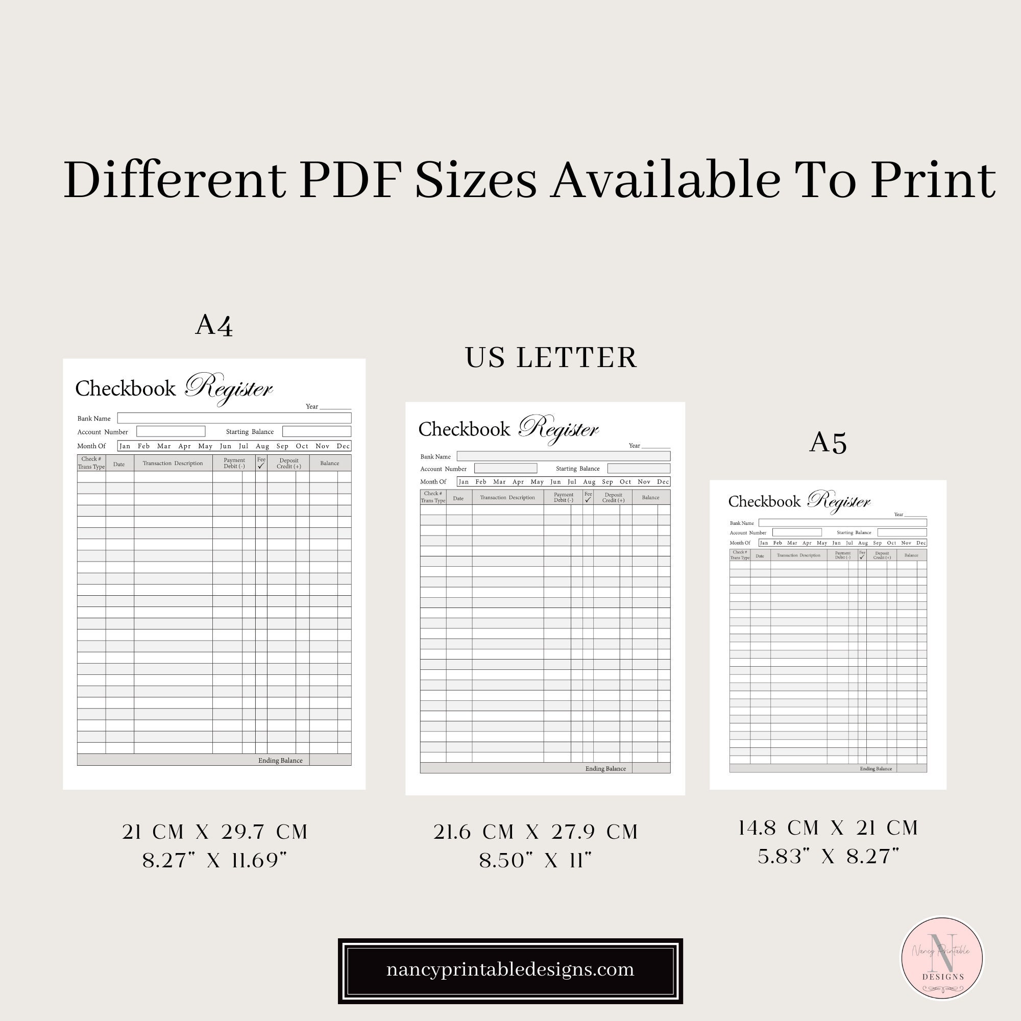 Printable Checkbook Register Template, Finance Log, Expense Tracker ...