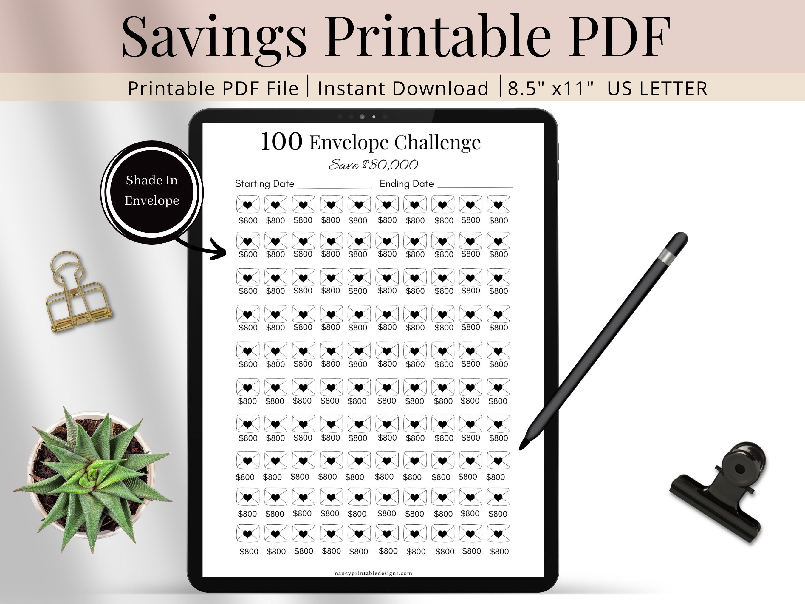100 Envelope Savings Challenge With Shade, Savings Tracker, PDF Savings ...