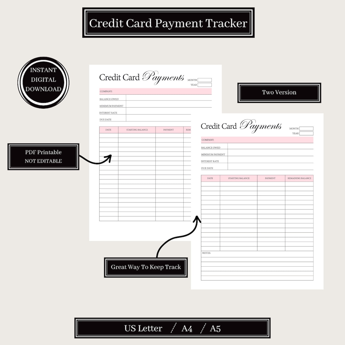Credit Card Payment Tracker, Printable Payment Payoff Expense Planner ...