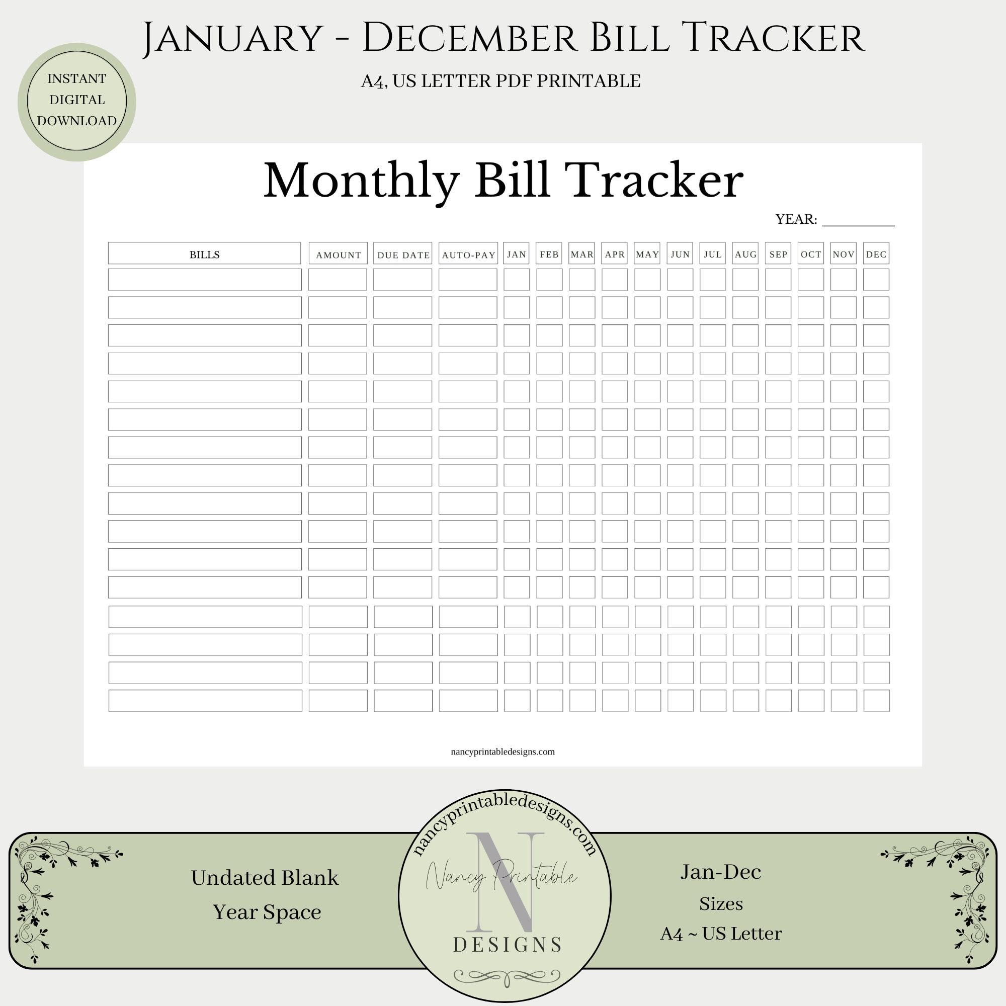 Monthly Bill Tracker, Spending Tracker, Payment Tracker, Printable ...