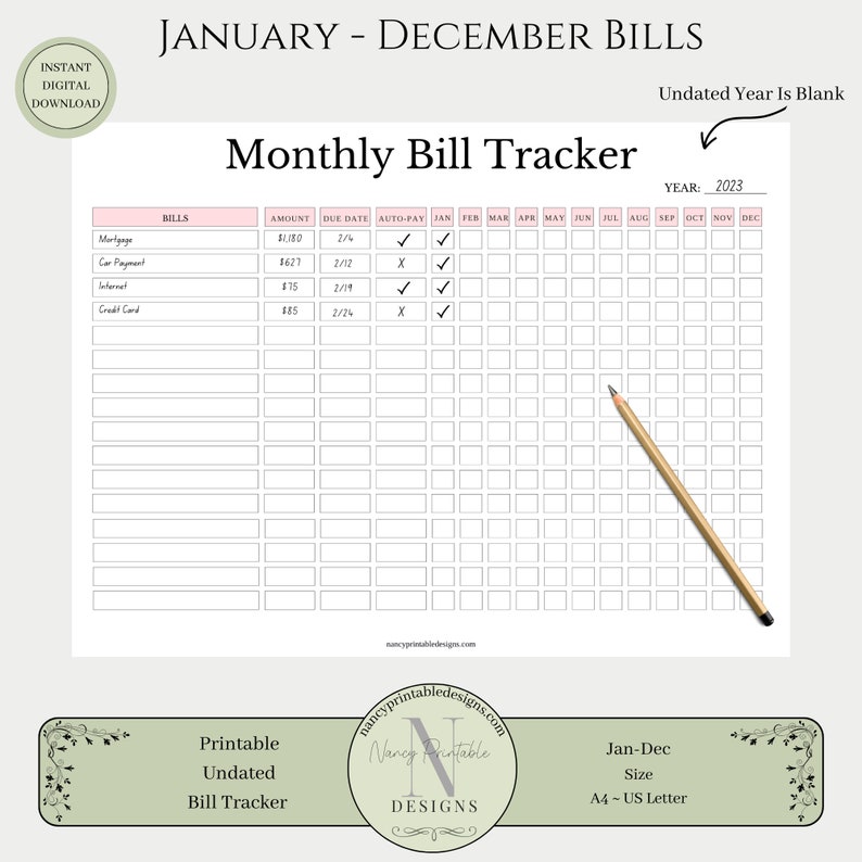 Monthly Bill Tracker, Printable Bill Pay Tracker, Yearly Bill Pay ...