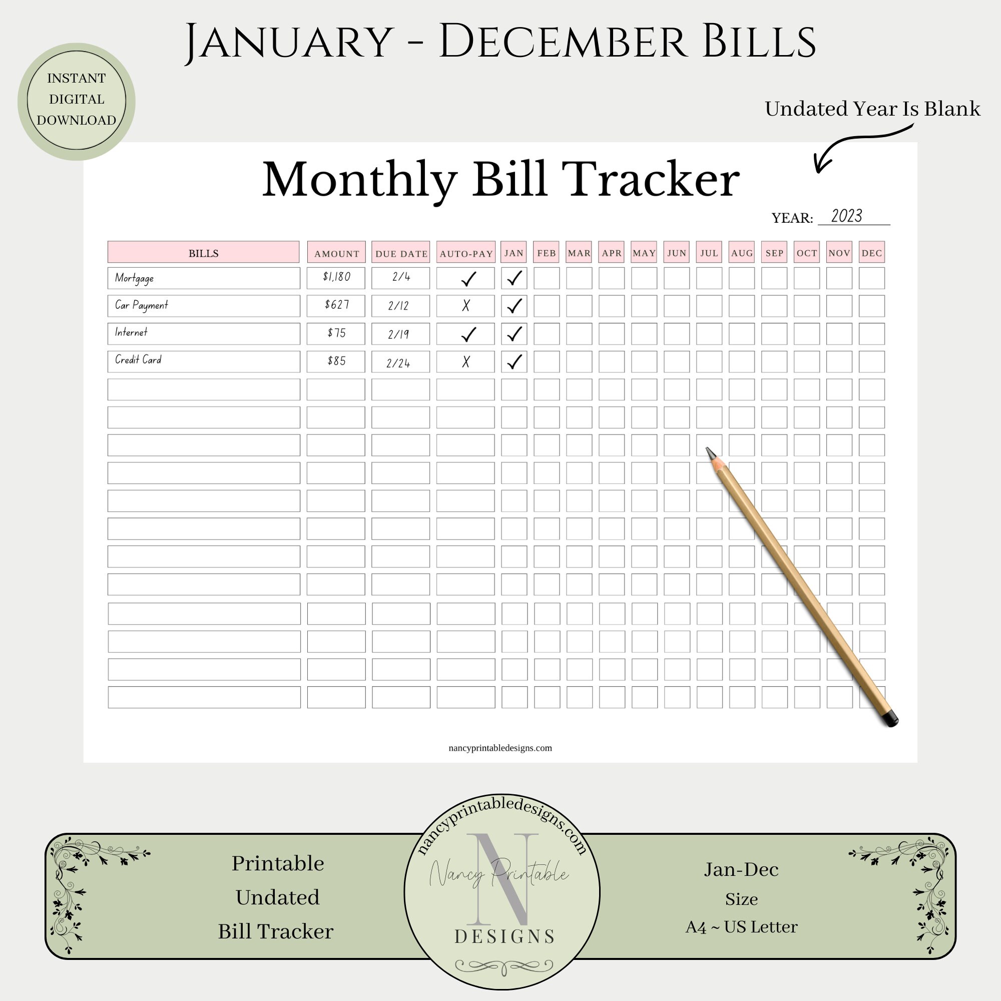 Monthly Bill Tracker, Printable Bill Pay Tracker, Yearly Bill Pay ...