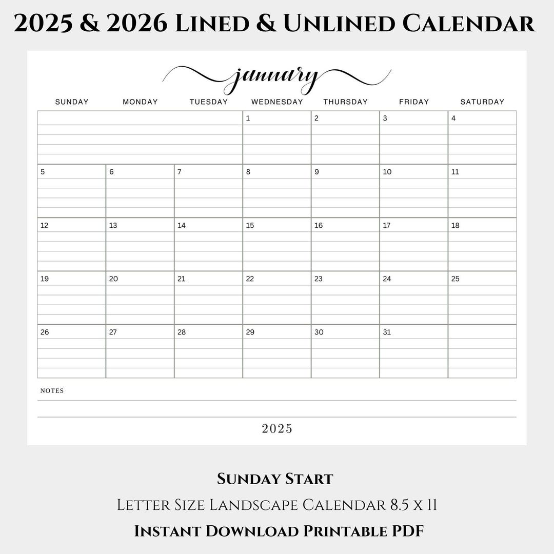 2025 2026 Calendar Lined and Unlined Sunday Start Landscape Layout, Jan ...