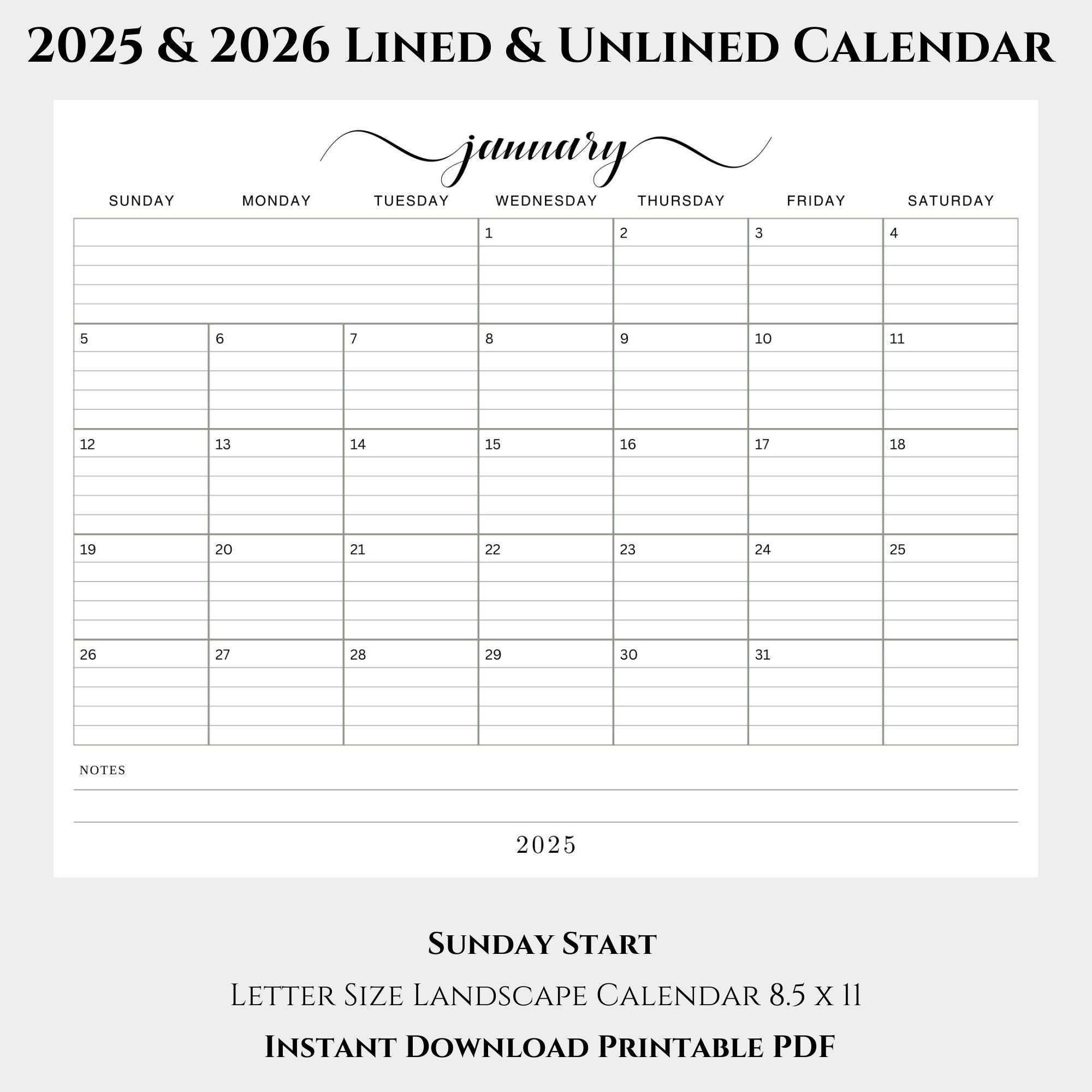 2025 2026 Calendar Lined and Unlined Sunday Start Landscape Layout, Jan ...