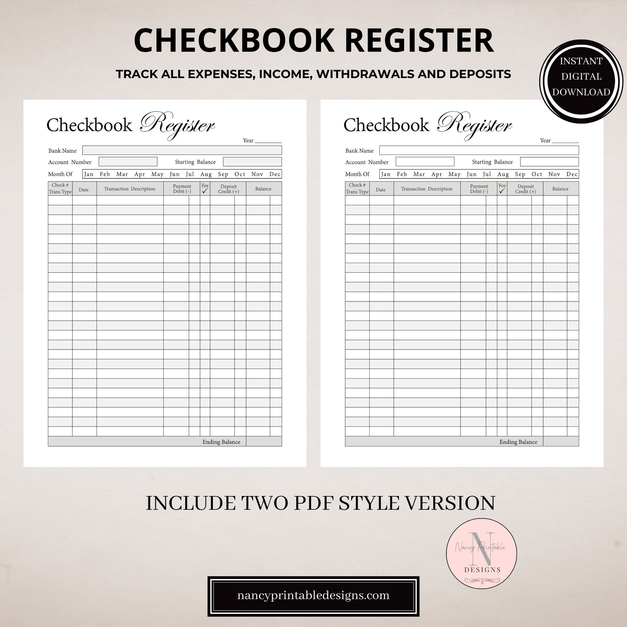 Printable Checkbook Register Template, Finance Log, Expense Tracker ...
