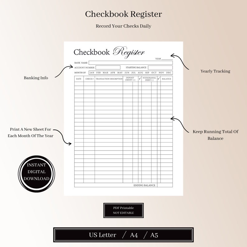 Printable Checkbook Register Template Sheet Digital Check - Etsy