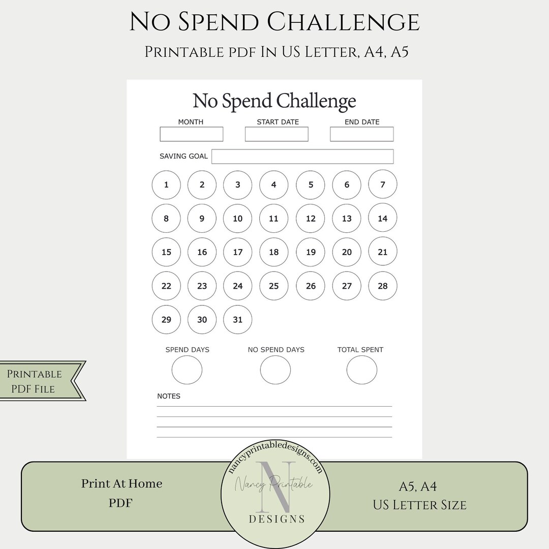 No Spend Challenge, No Spend Tracker, Digital Savings Goal Planner, No ...