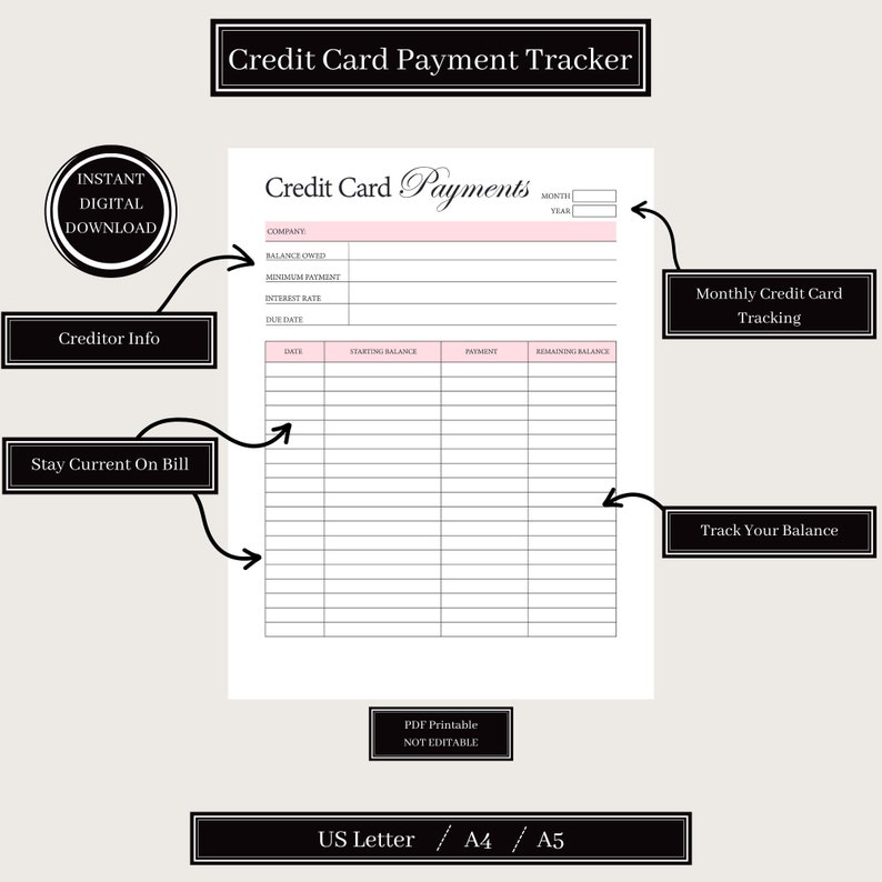 Credit Card Payment Tracker, Printable Payment Payoff Expense Planner ...