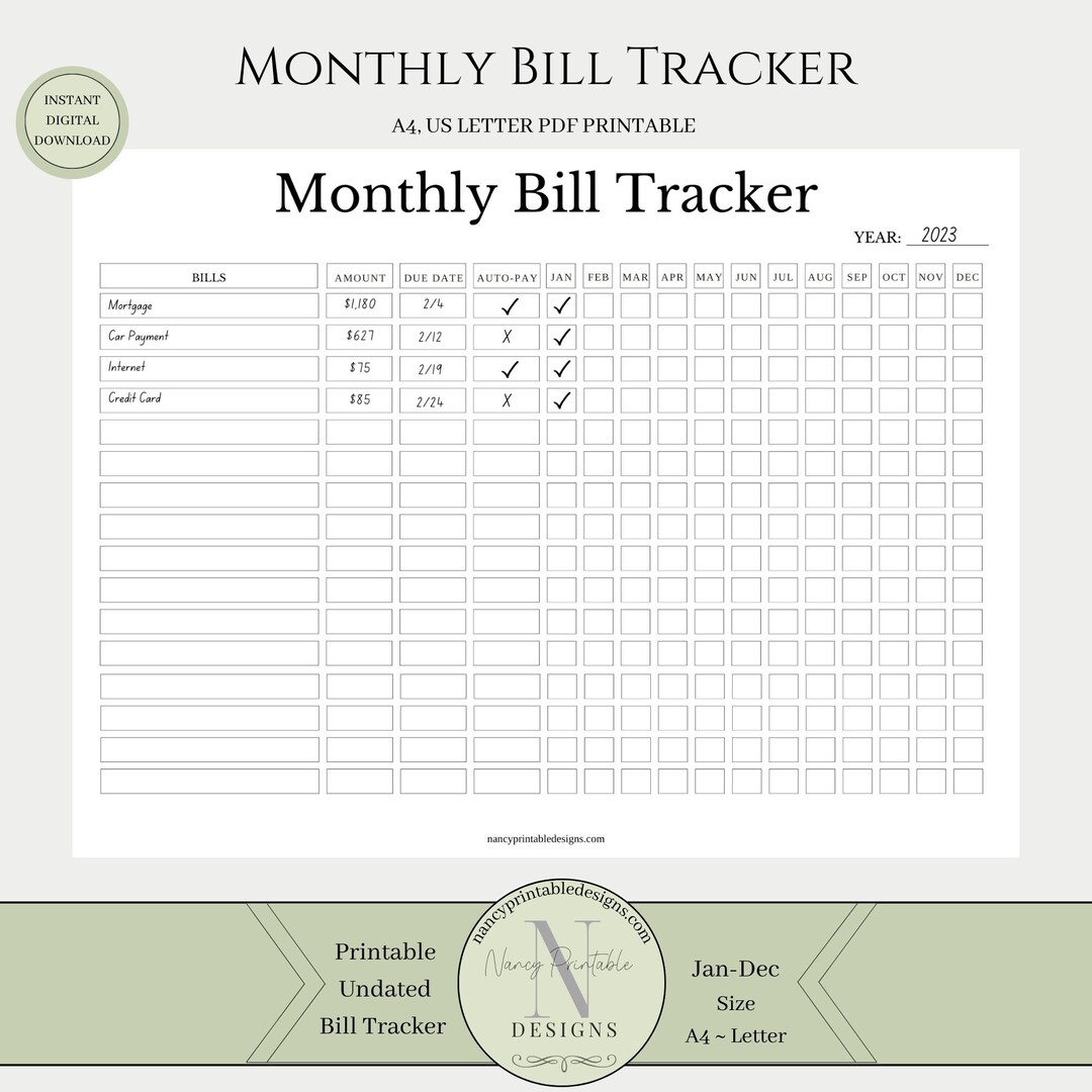 Monthly Bill Tracker, Spending Tracker, Payment Tracker, Printable ...