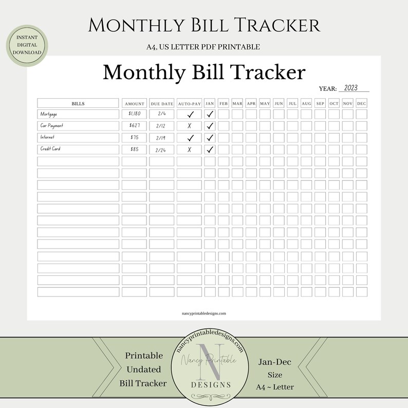 Monthly Bill Tracker, Spending Tracker, Payment Tracker, Printable ...