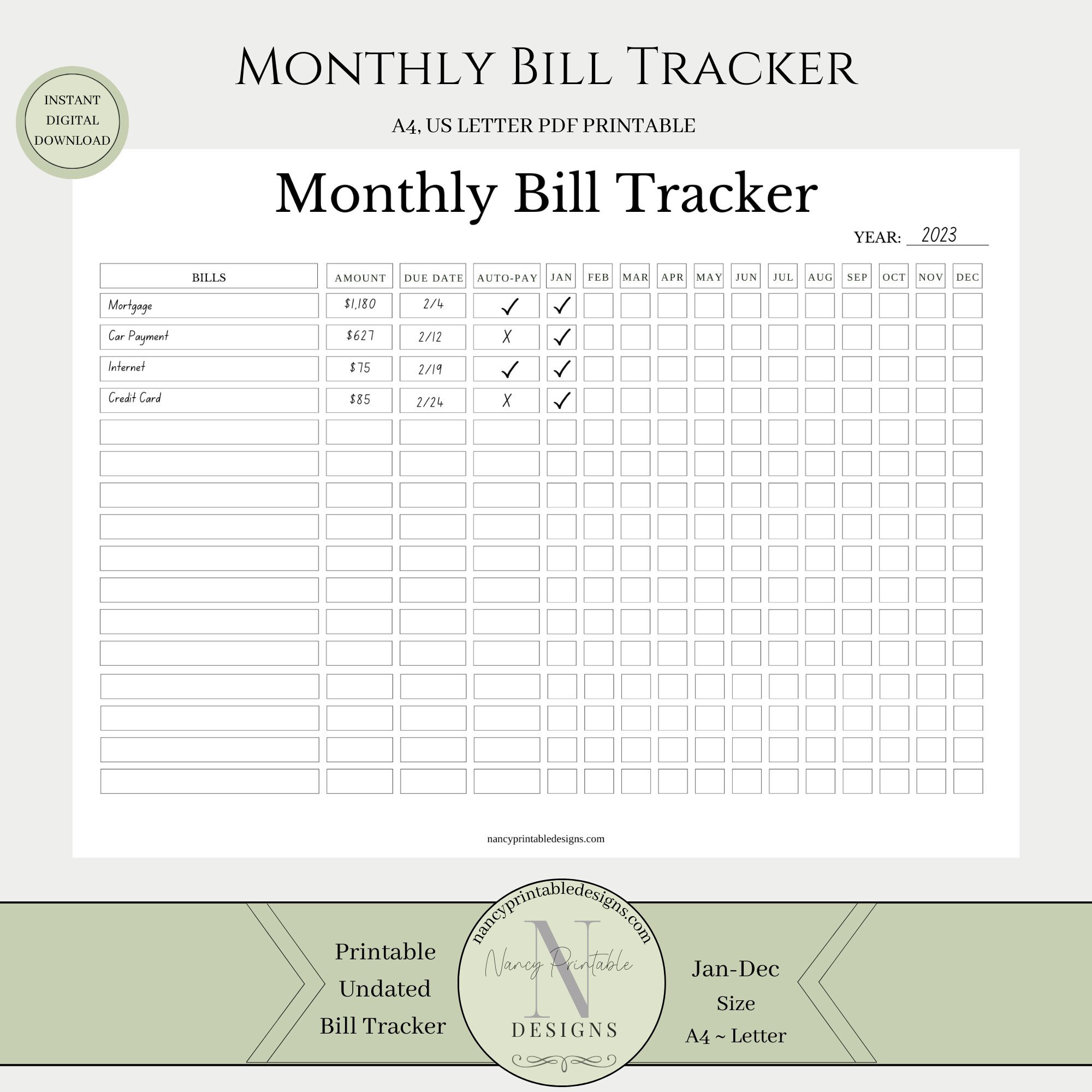 Monthly Bill Tracker, Spending Tracker, Payment Tracker, Printable ...