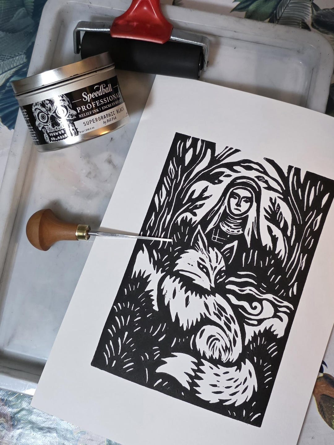 Morgan Le Fay, Original Folk Art, A4, Lino Cut, Hand Pressed, Ink Print ...