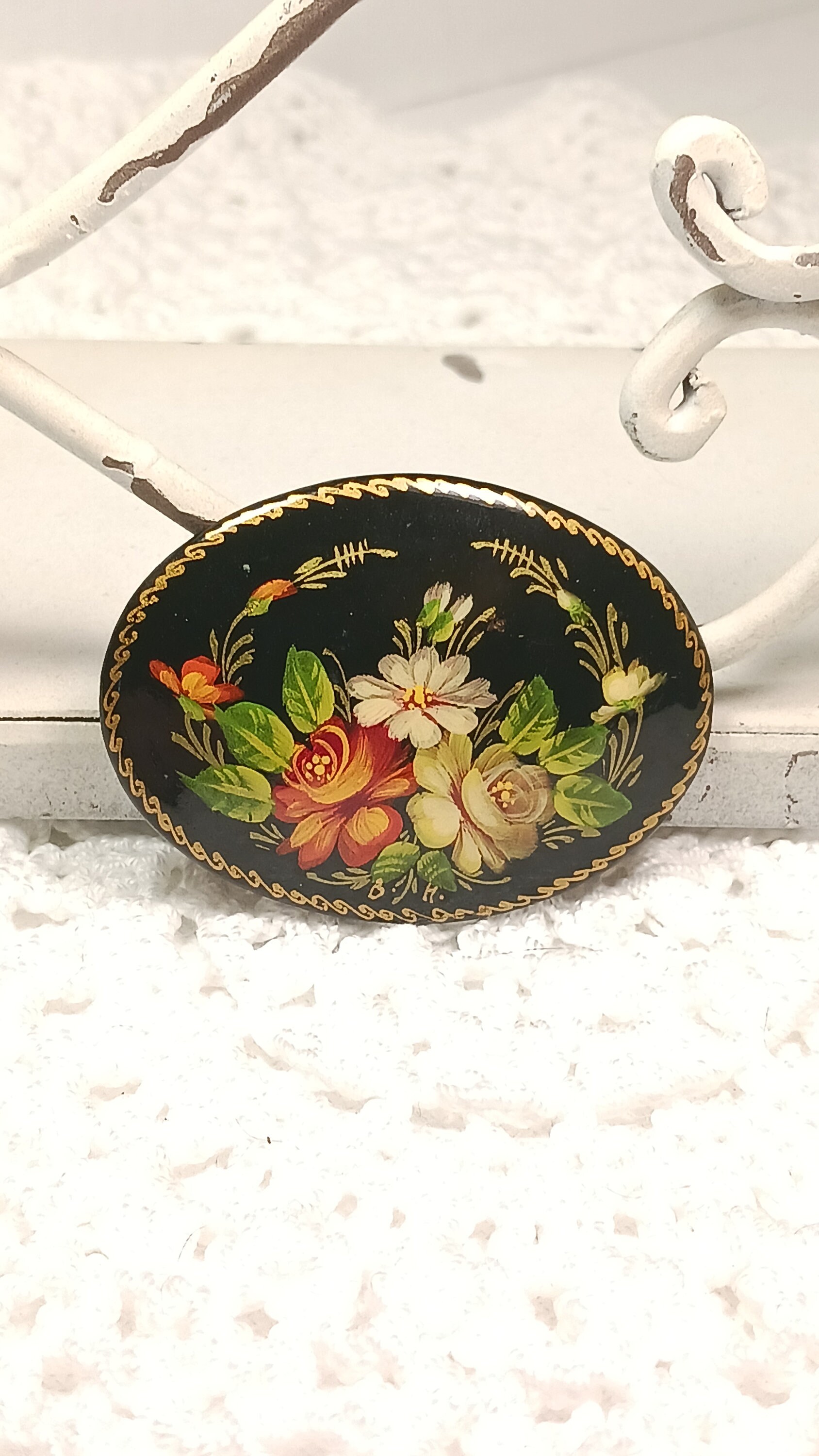 Vintage Lacquer Flower Brooch, Russian Signed Wood Pin, 1960s, Vintage ...